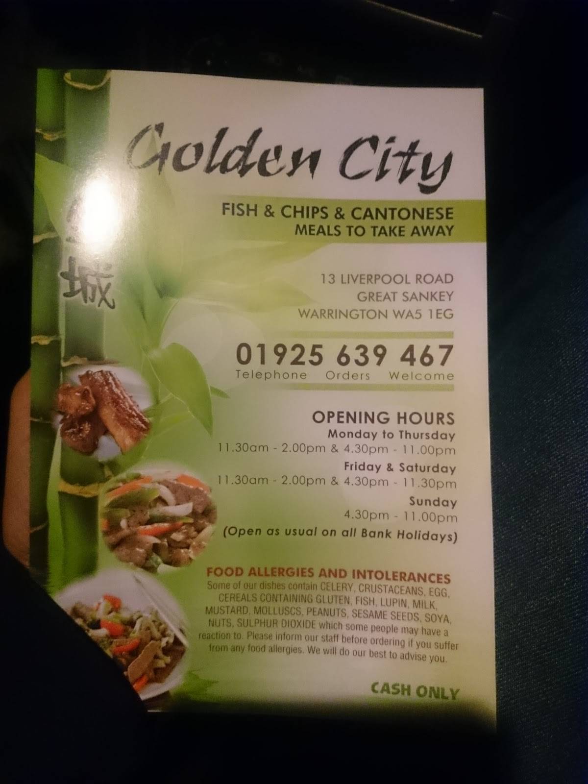 Menu at Golden City restaurant, Warrington, 13 Liverpool Rd