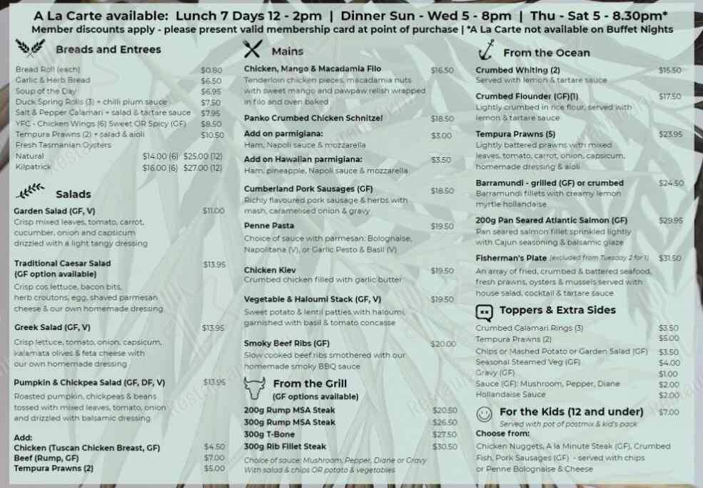 Menu at Club Yeronga, Yeronga, 391 Fairfield Rd