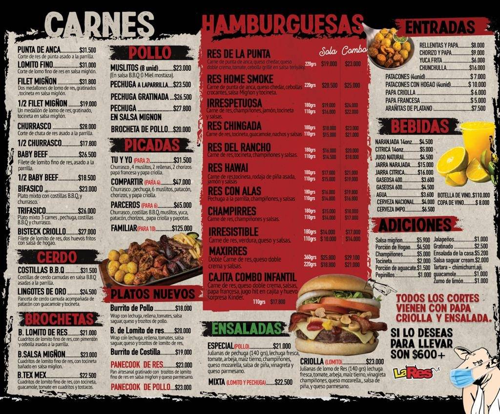 Carta del restaurante La Res, Yopal