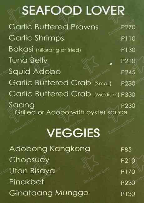 Menu at Lantaw Busay restaurant, Cebu City