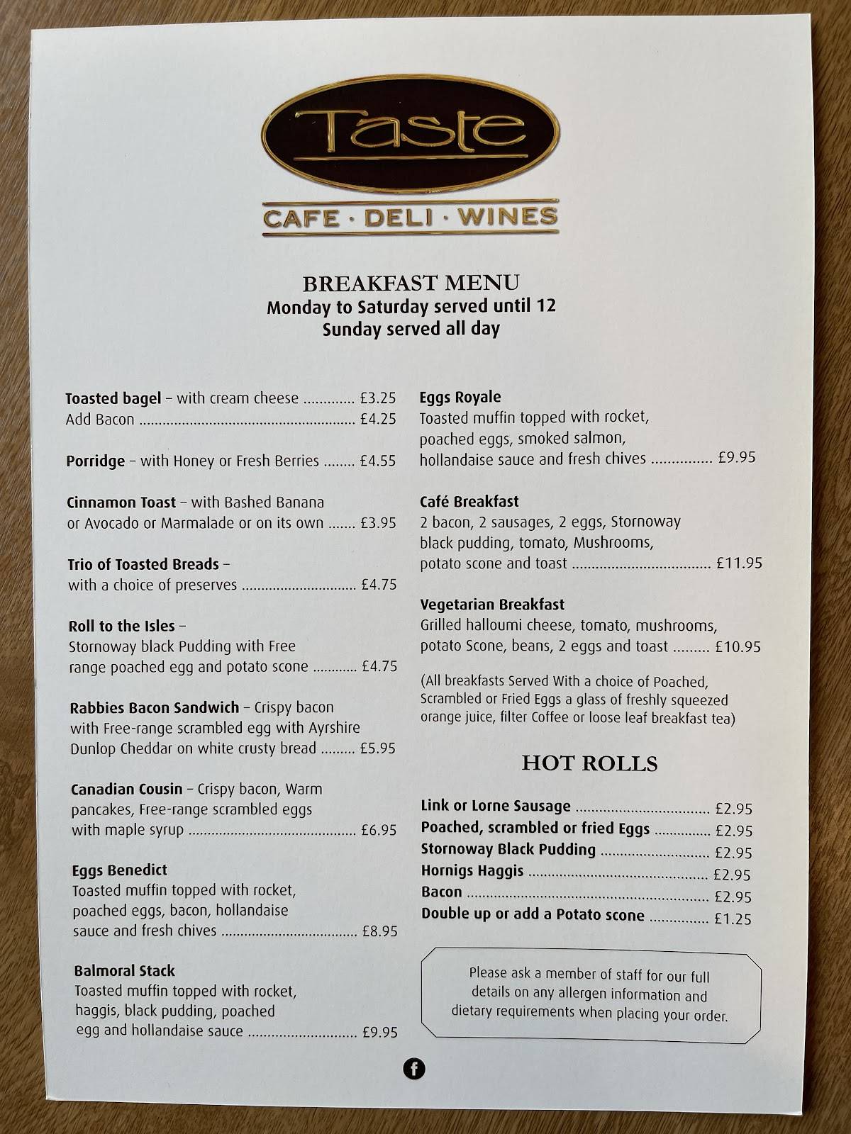 Menu at Taste cafe, Linlithgow