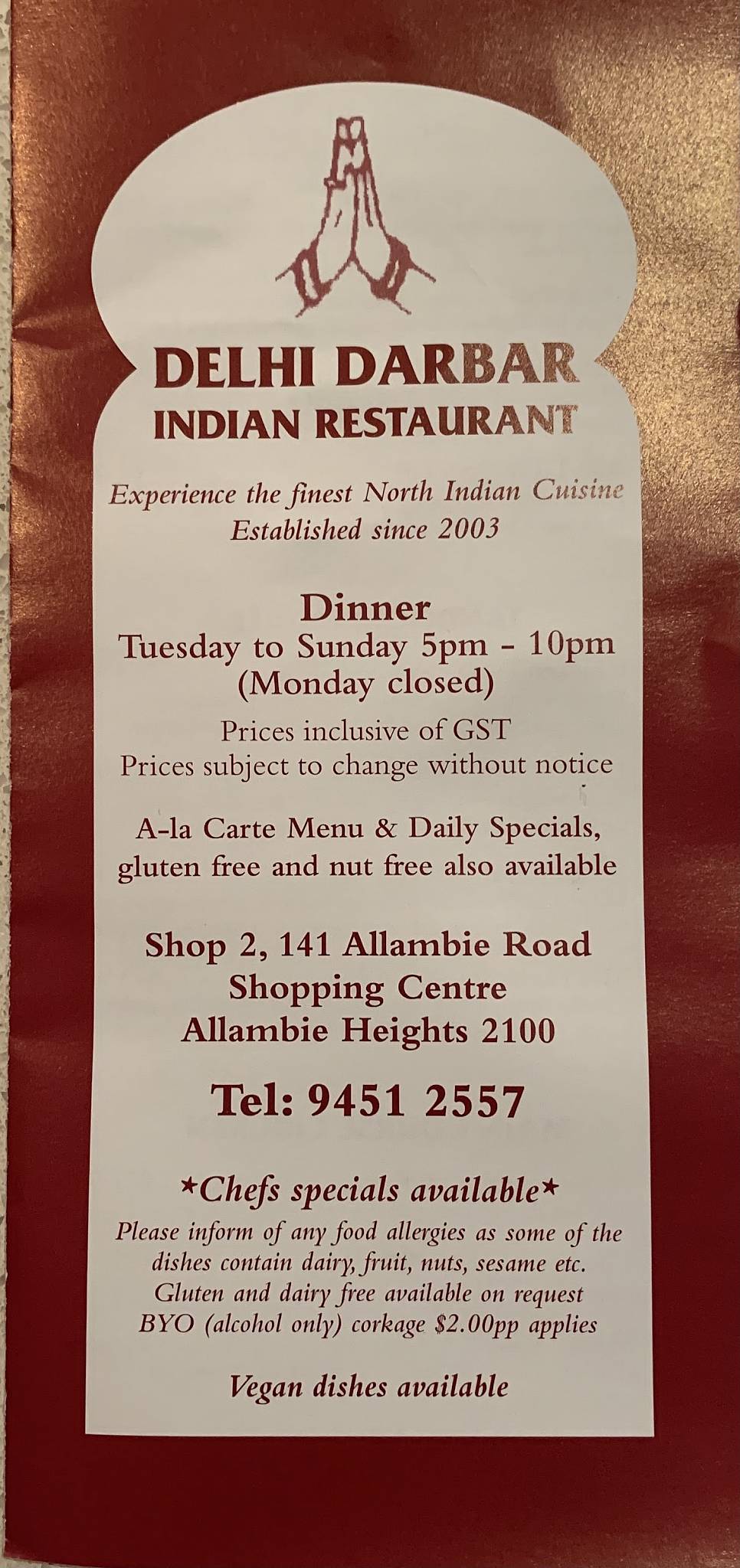 Menu at Delhi Darbar Indian Restaurant, Allambie Heights, Allambie shops