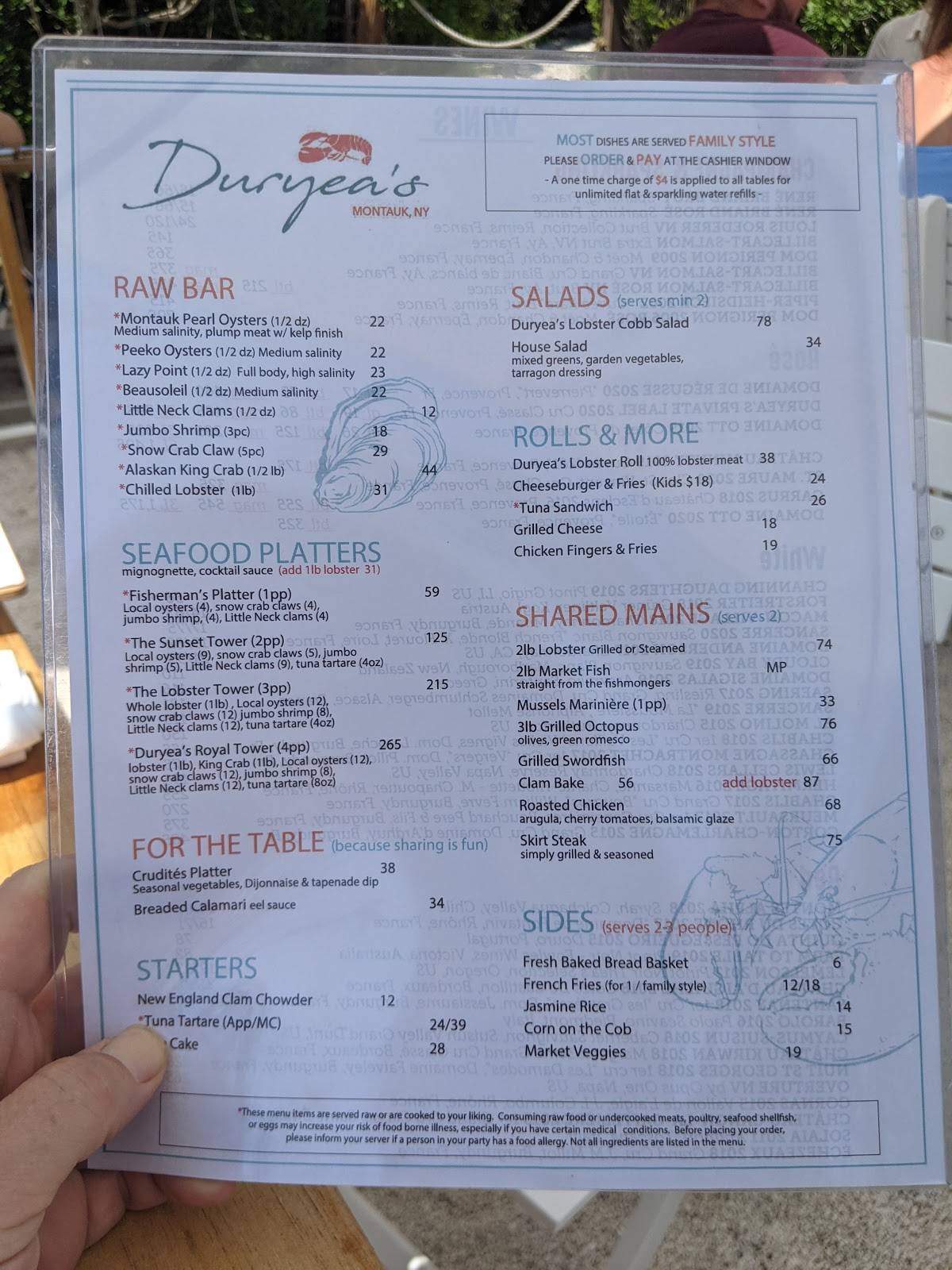 Menu at Duryea's Montauk restaurant, Montauk