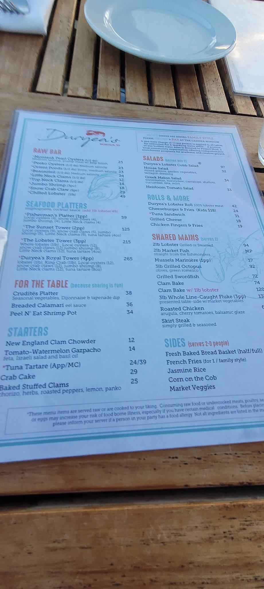 Menu at Duryea's Montauk restaurant, Montauk