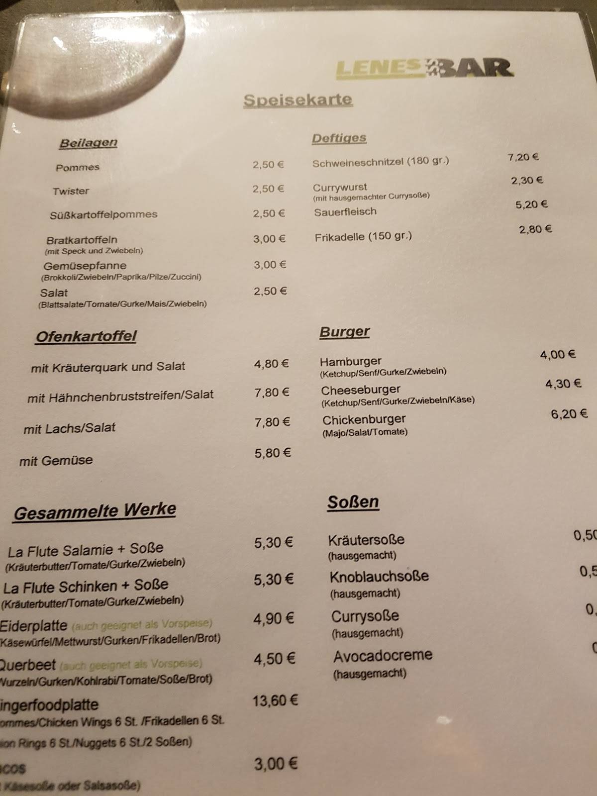 Speisekarte von Lenes EssBar, Garding, Kirchspiel