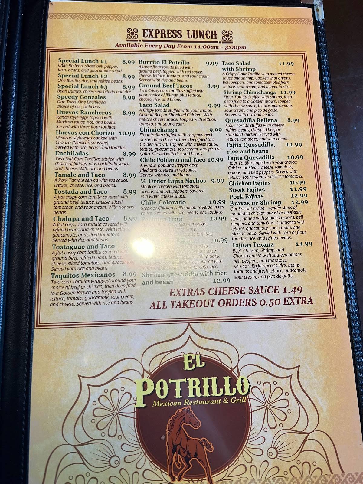 Menu at El Potrillo Mexican Restaurant & Grill, Lafayette, Moss St