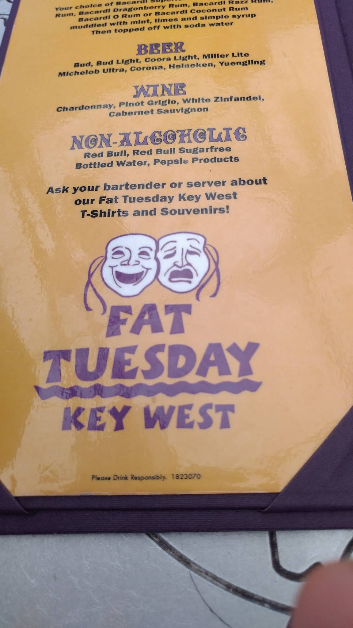 Menu at Fat Tuesday Key West Duval St pub & bar, Key West, 305 Duval St