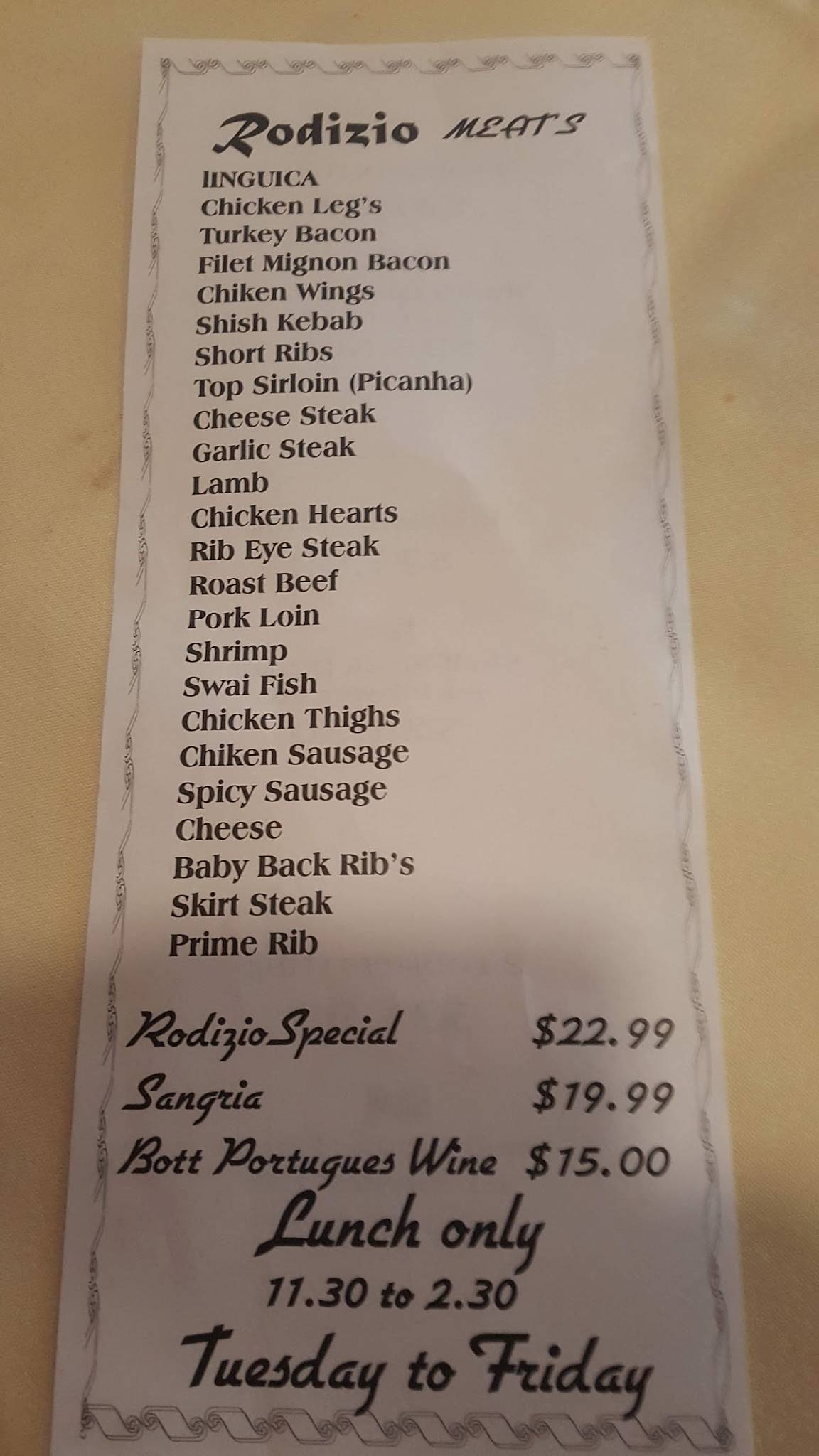 Menu at Fernandes Steakhouse3, Sayreville