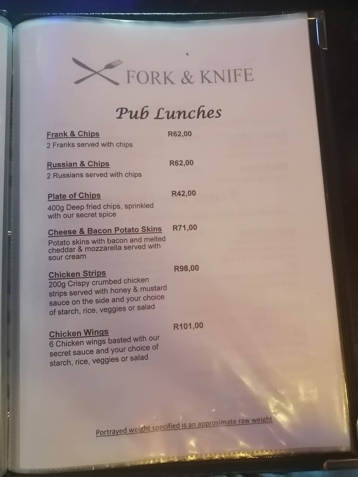 Menu at Fork and Knife Restaurant, Hartbeespoort