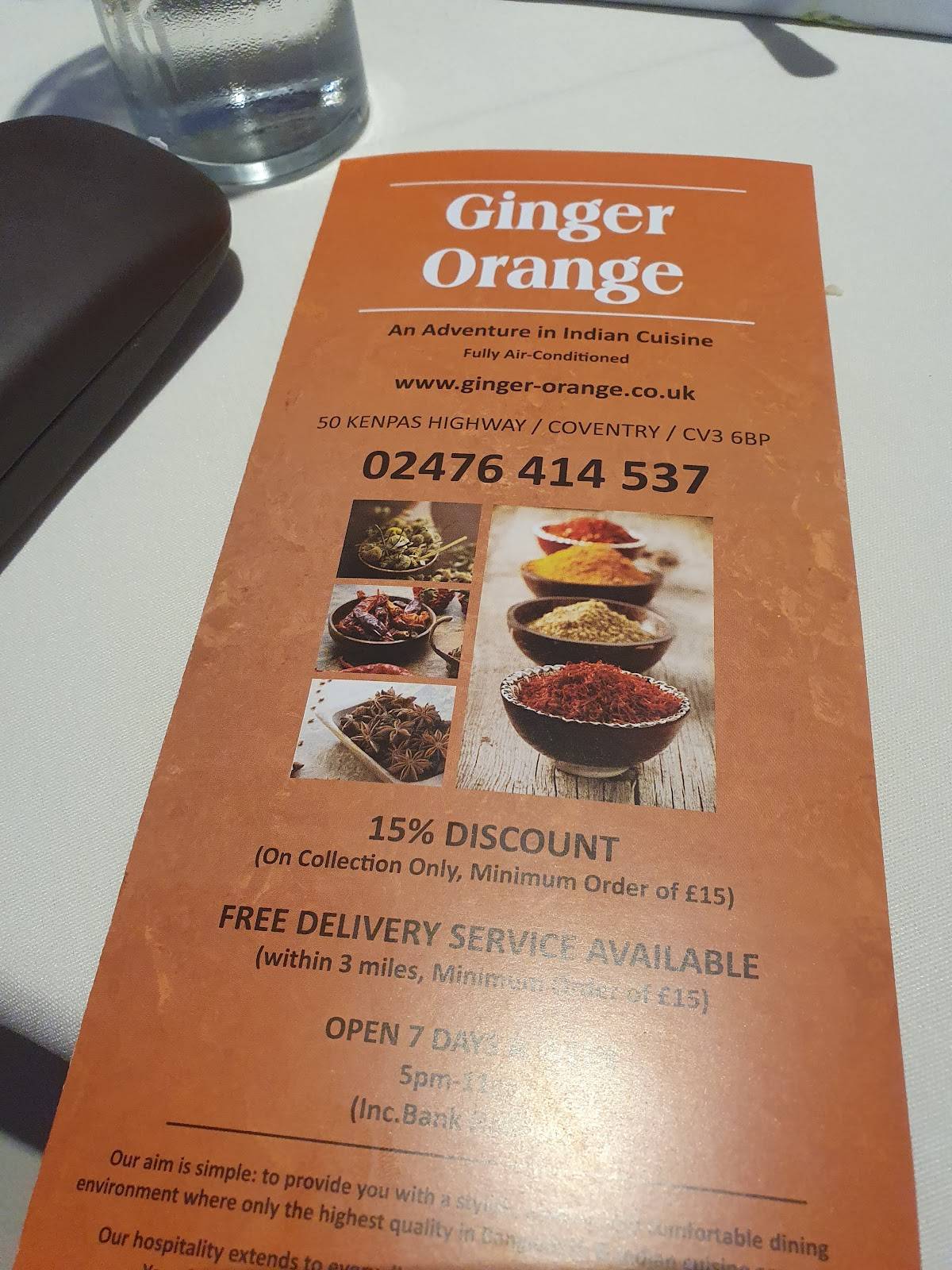Menu at Ginger Orange restaurant, Coventry