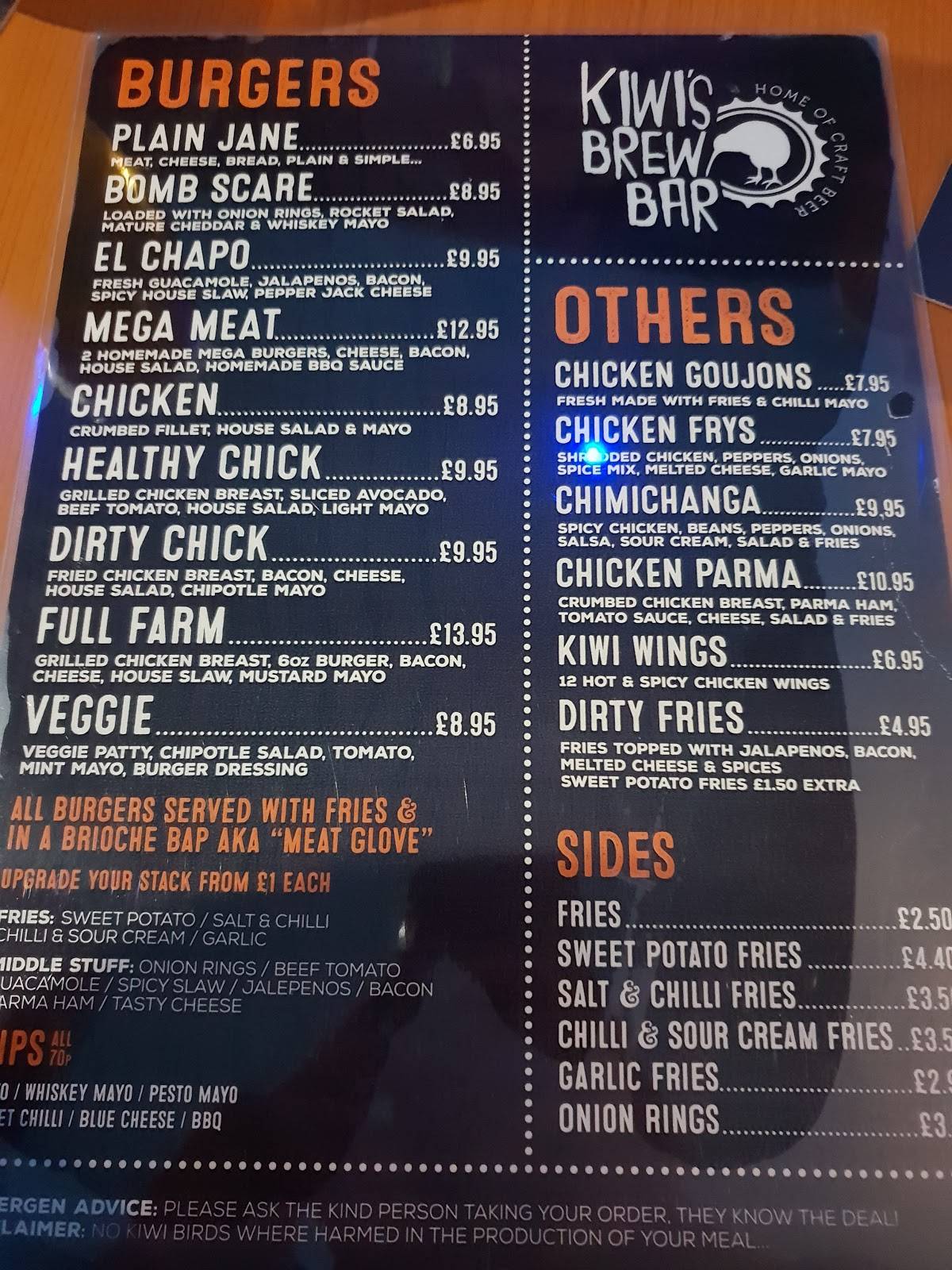 Menu at Kiwi's Brew Bar, Portrush