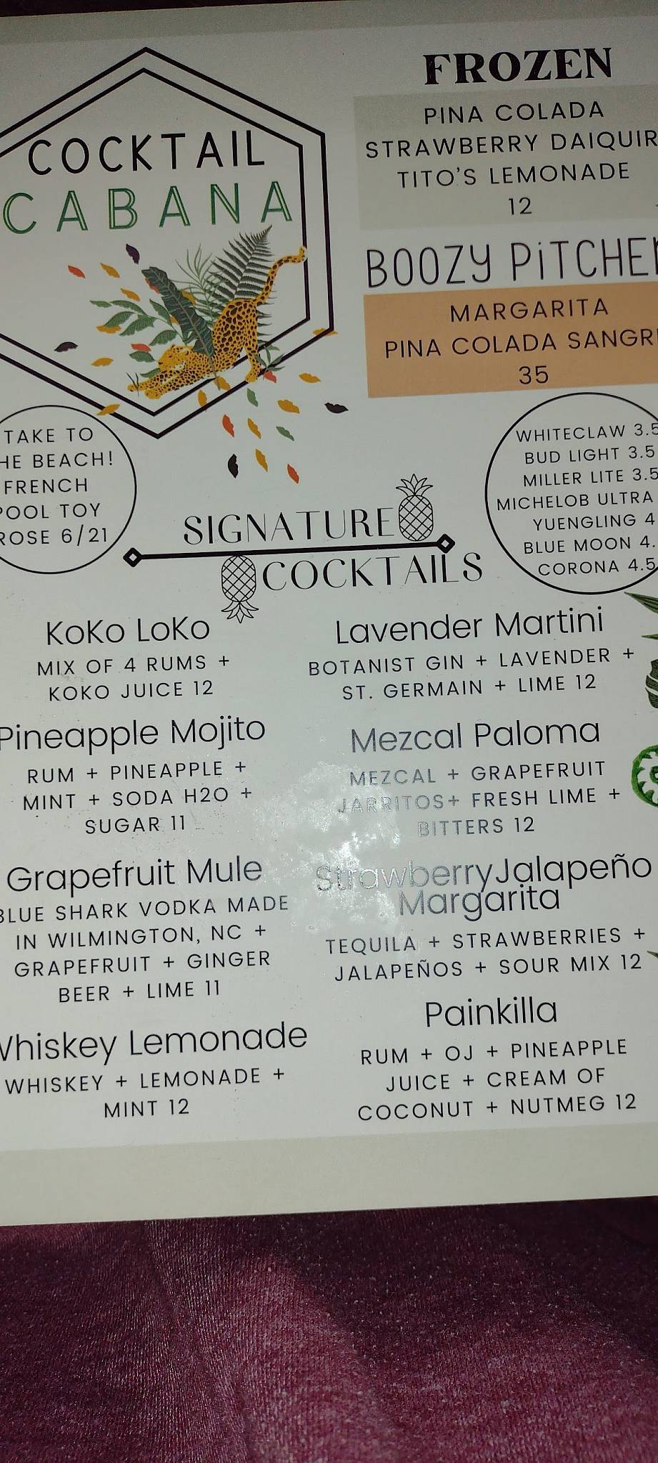 Menu at Koko Cabana restaurant, Oak Island