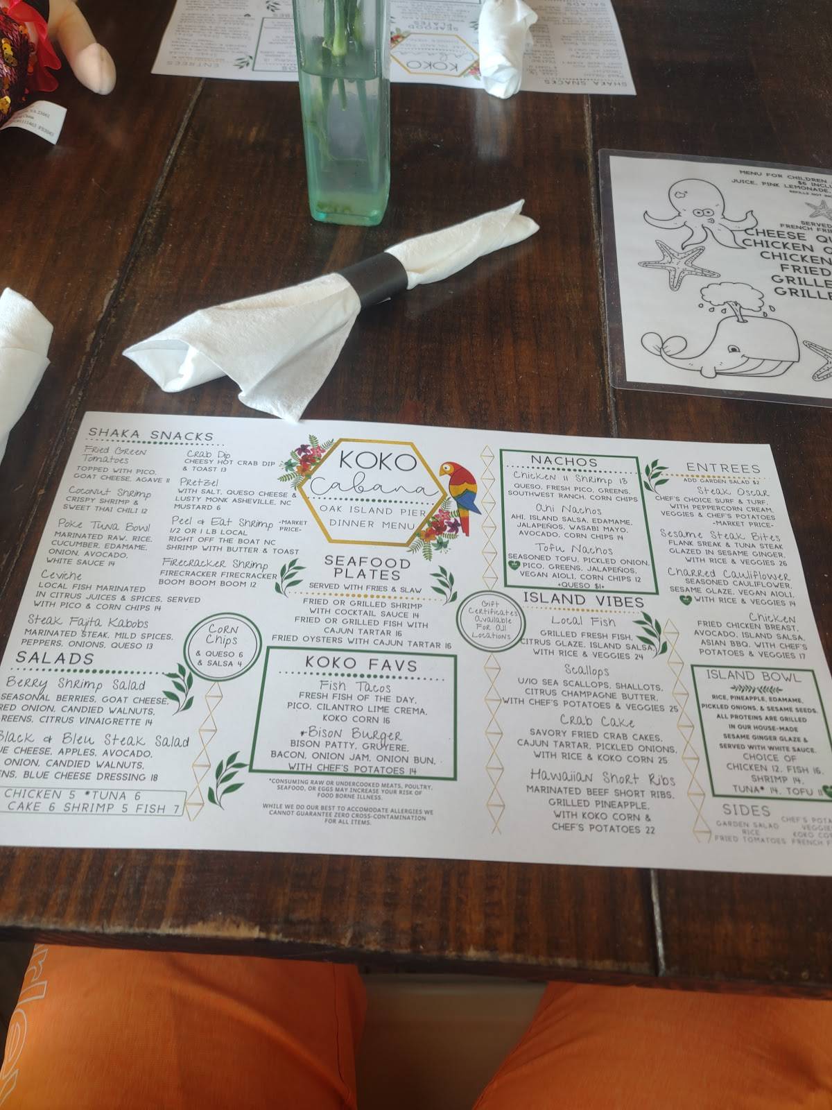 Menu at Koko Cabana restaurant, Oak Island