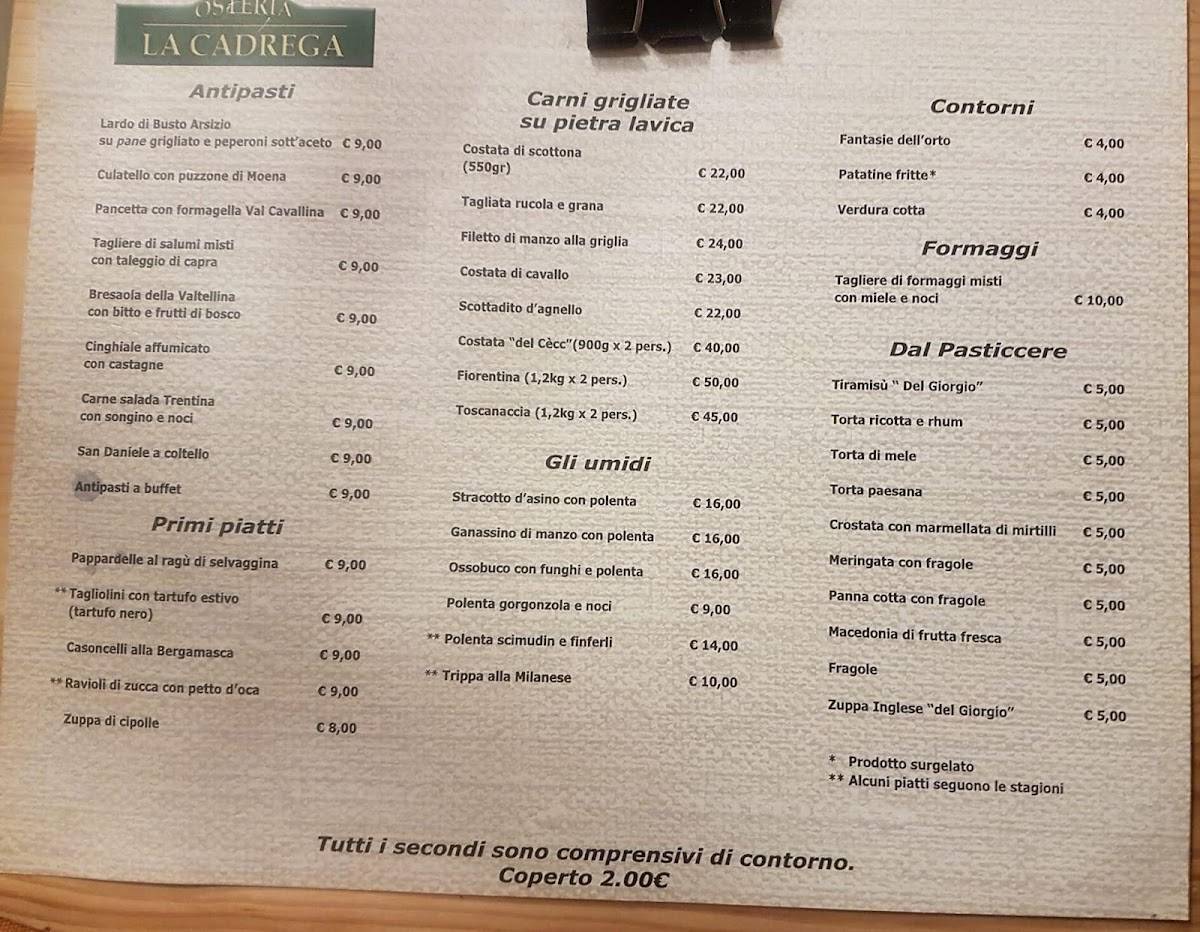 Menu da La Cadrega ristorante, Carimate