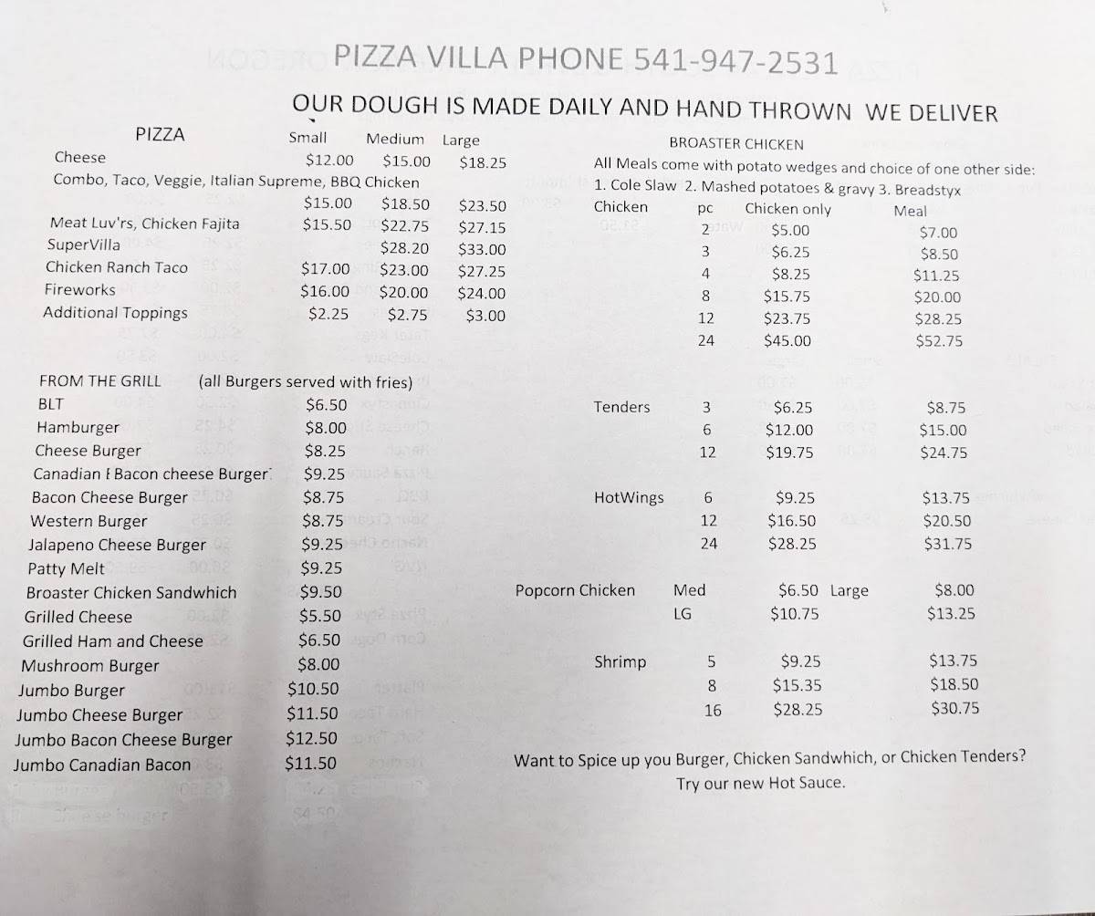 Menu at Pizza Villa pizzeria, Lakeview