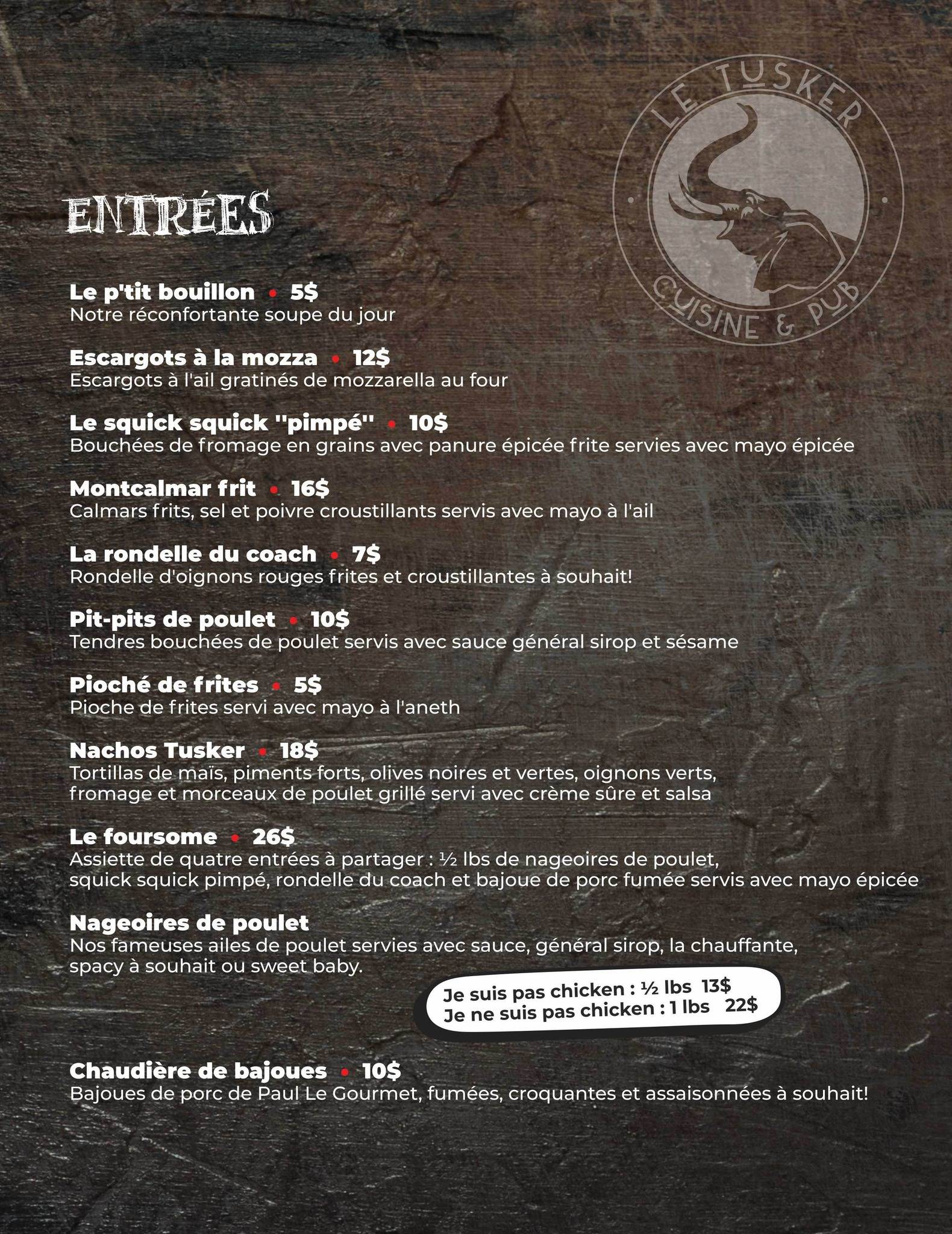Menu au Le Tusker Cuisine et Pub, Berthierville