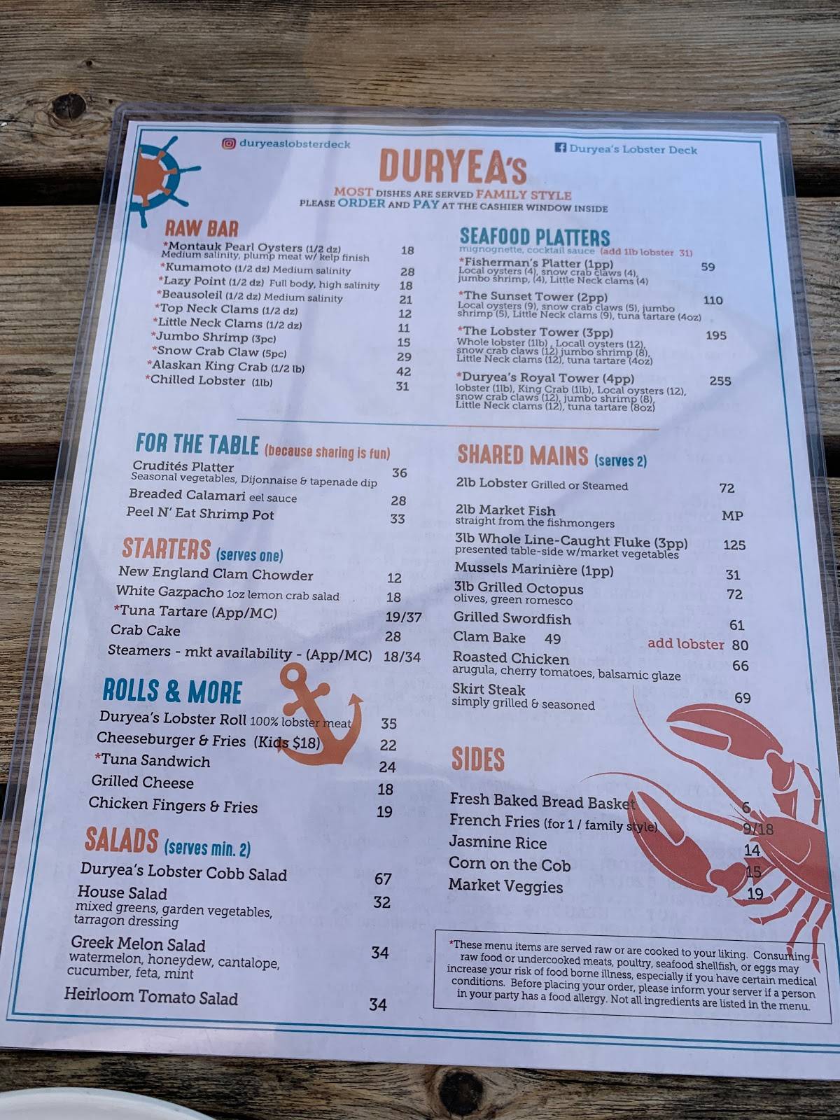 Menu at Duryea's Montauk restaurant, Montauk