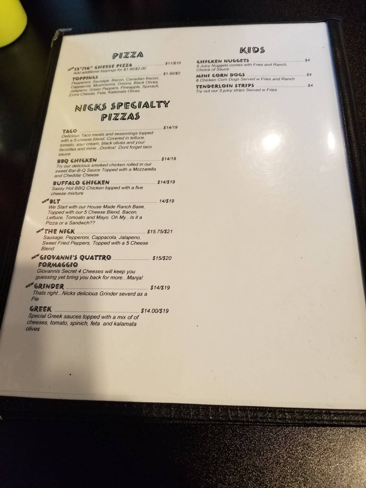 Menu at Nick's restaurant, Des Moines