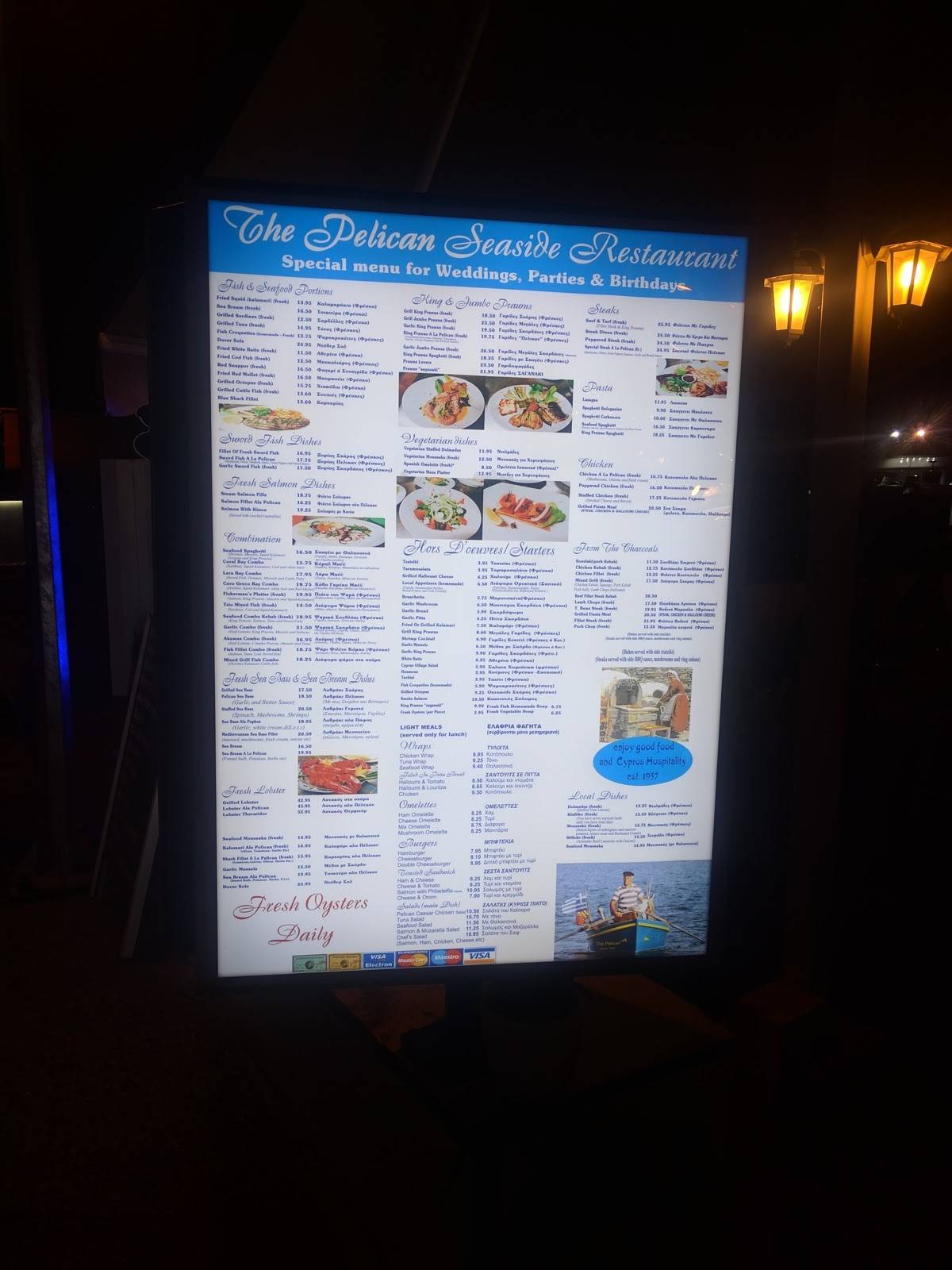 Menu at Pelican Restaurant, Paphos, At the Paphos Harbour