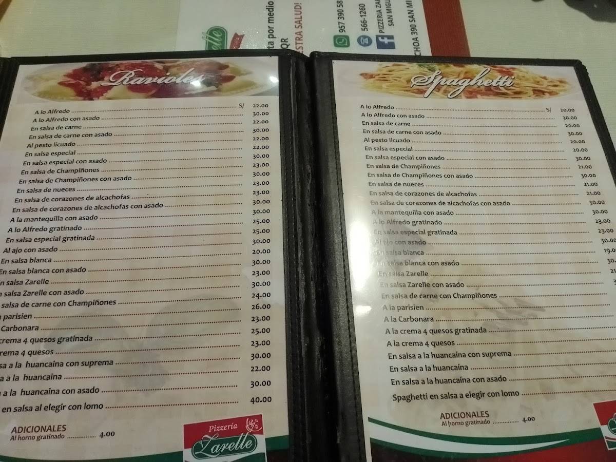 Carta de Pizzeria zarelle san miguel, San Miguel, Costado de tottus