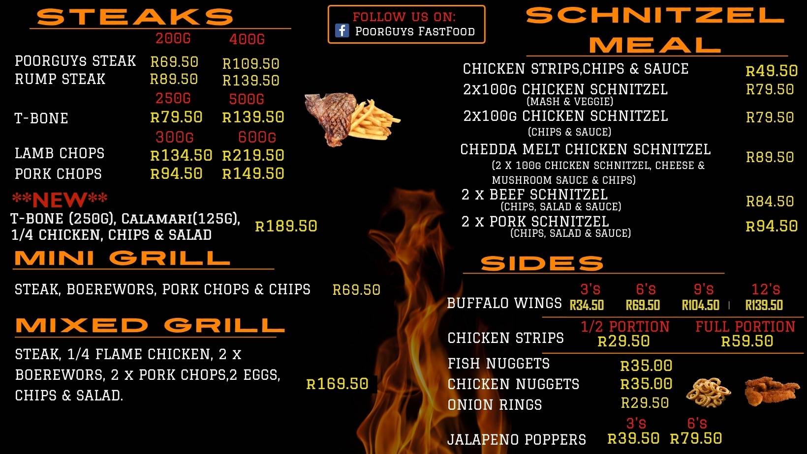 Menu at Poor Guys Fast Food, Pretoria
