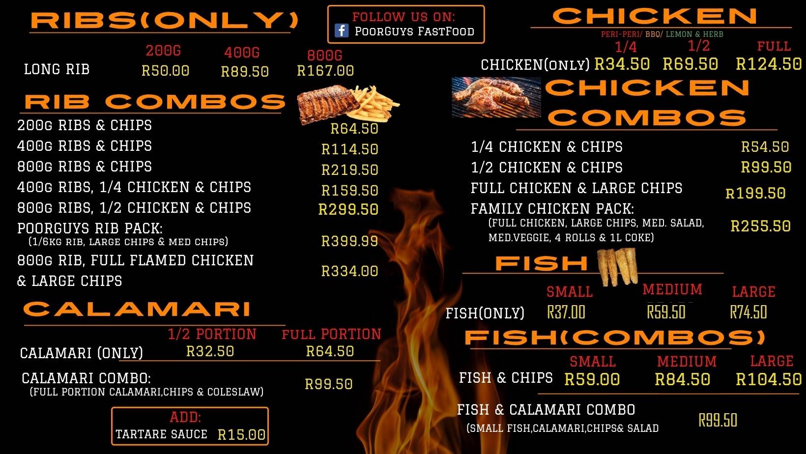 Menu at Poor Guys Fast Food, Pretoria