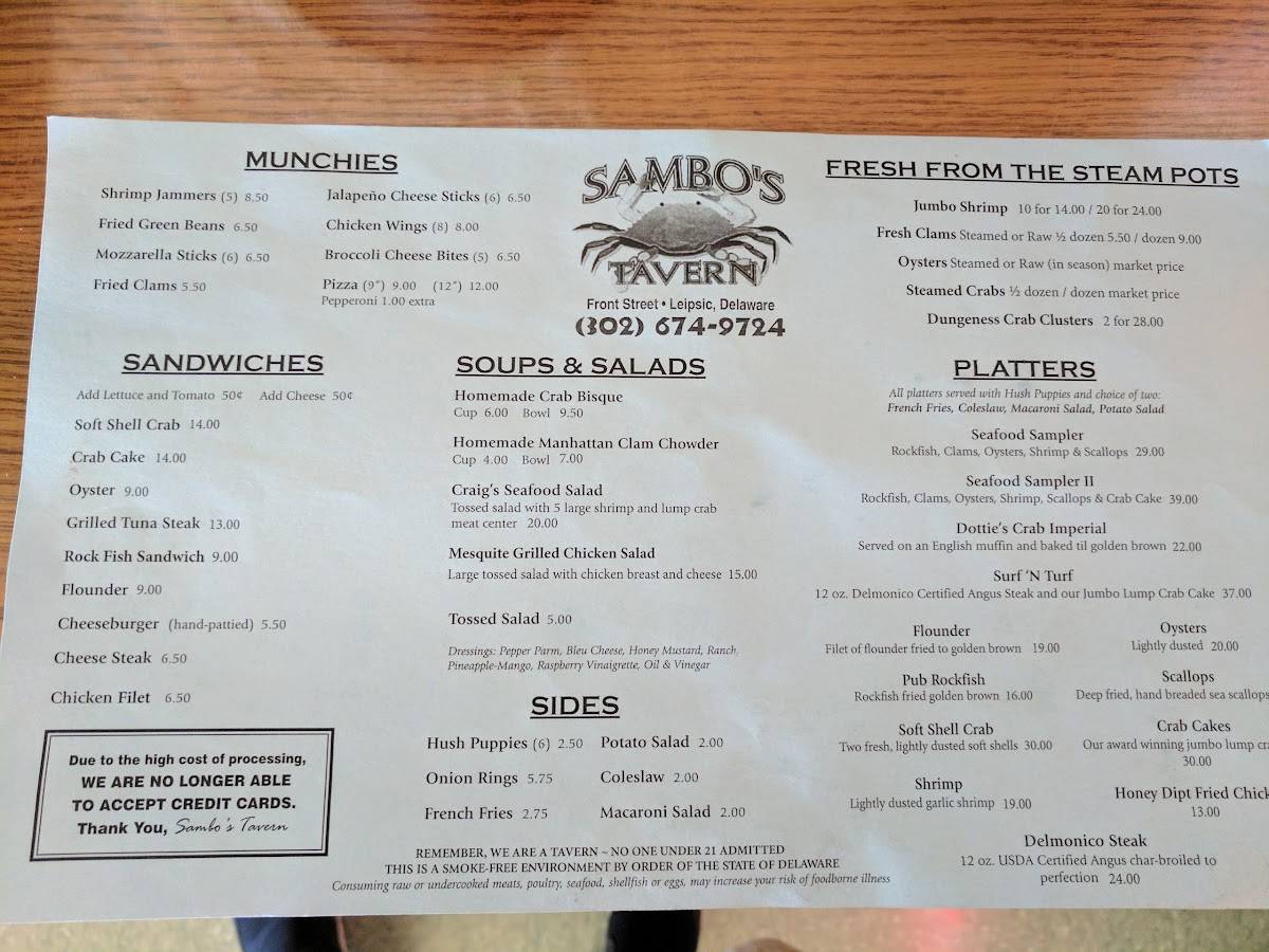 Menu at Sambo's Tavern pub & bar, Leipsic