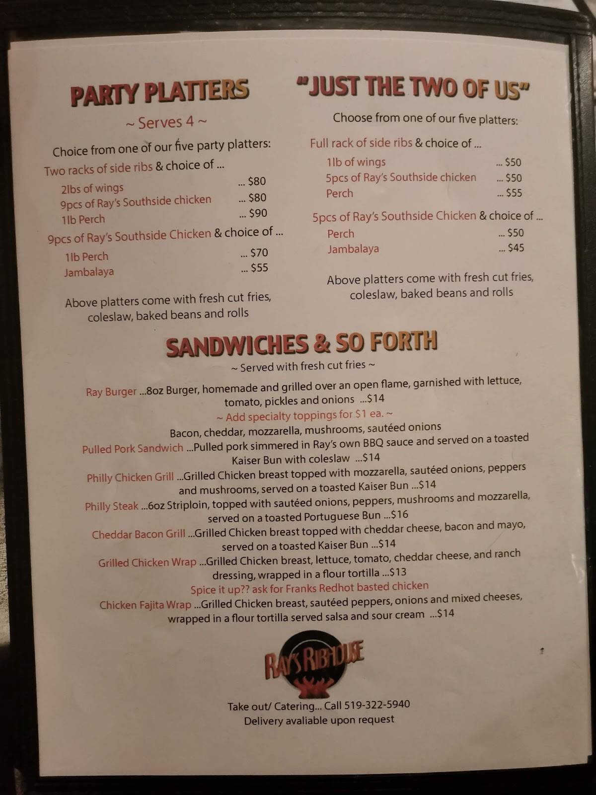 Menu at Ray's Ribhouse restaurant, Leamington