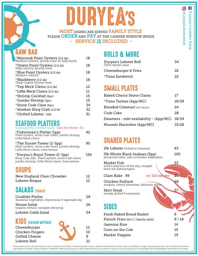 Menu at Duryea's Montauk restaurant, Montauk