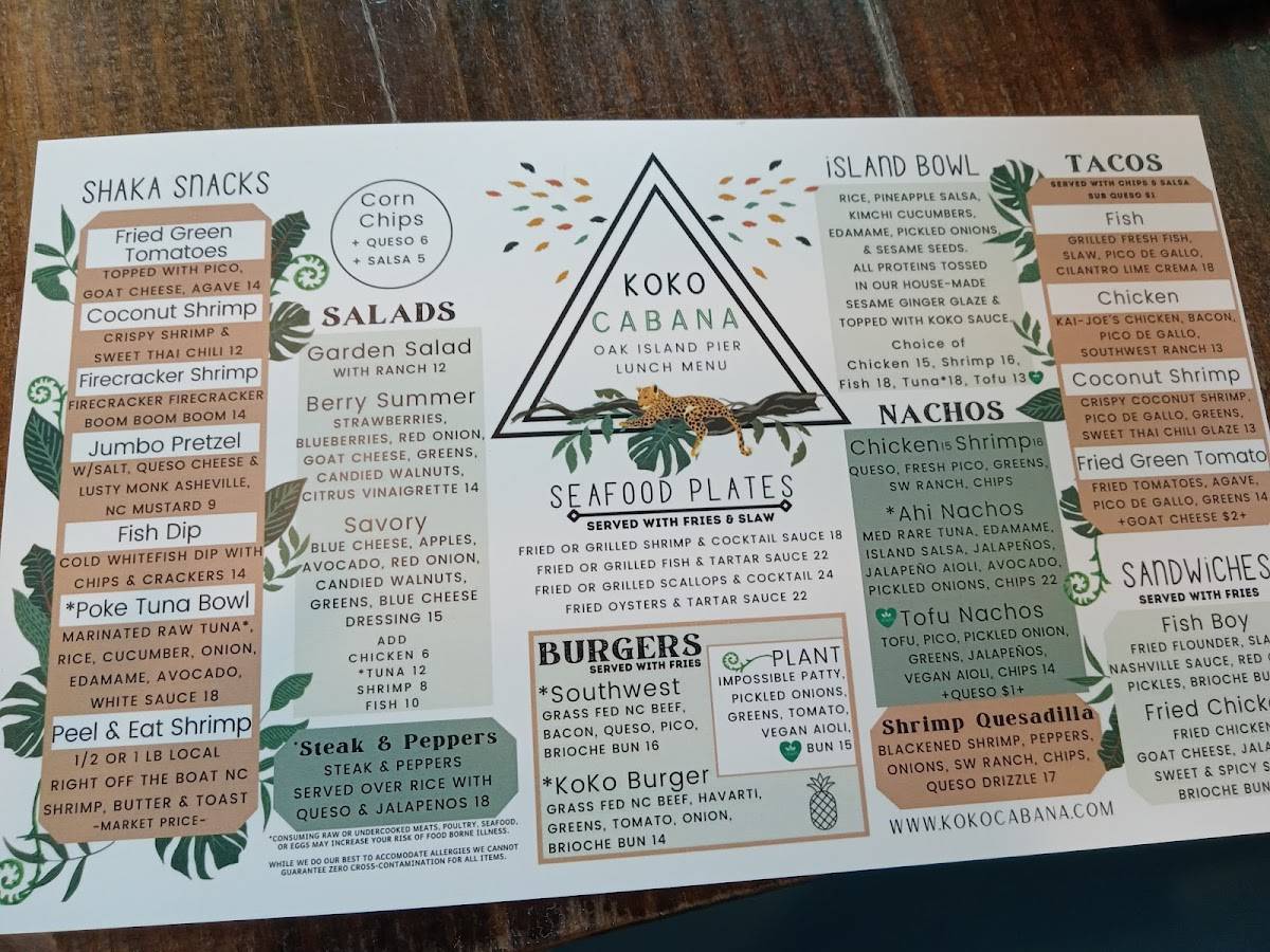 Menu at Koko Cabana restaurant, Oak Island