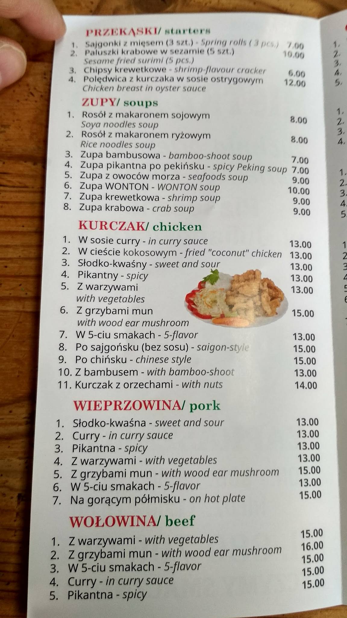 Menu at Mistrz Azja restaurant, Piaseczno