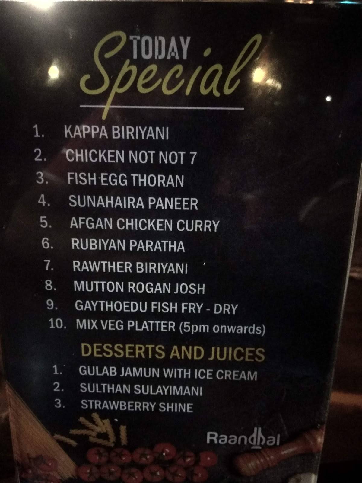 Menu at Raandhal Restaurant, Kannur