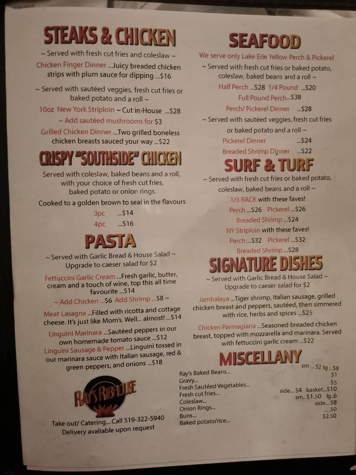 Menu at Ray's Ribhouse restaurant, Leamington
