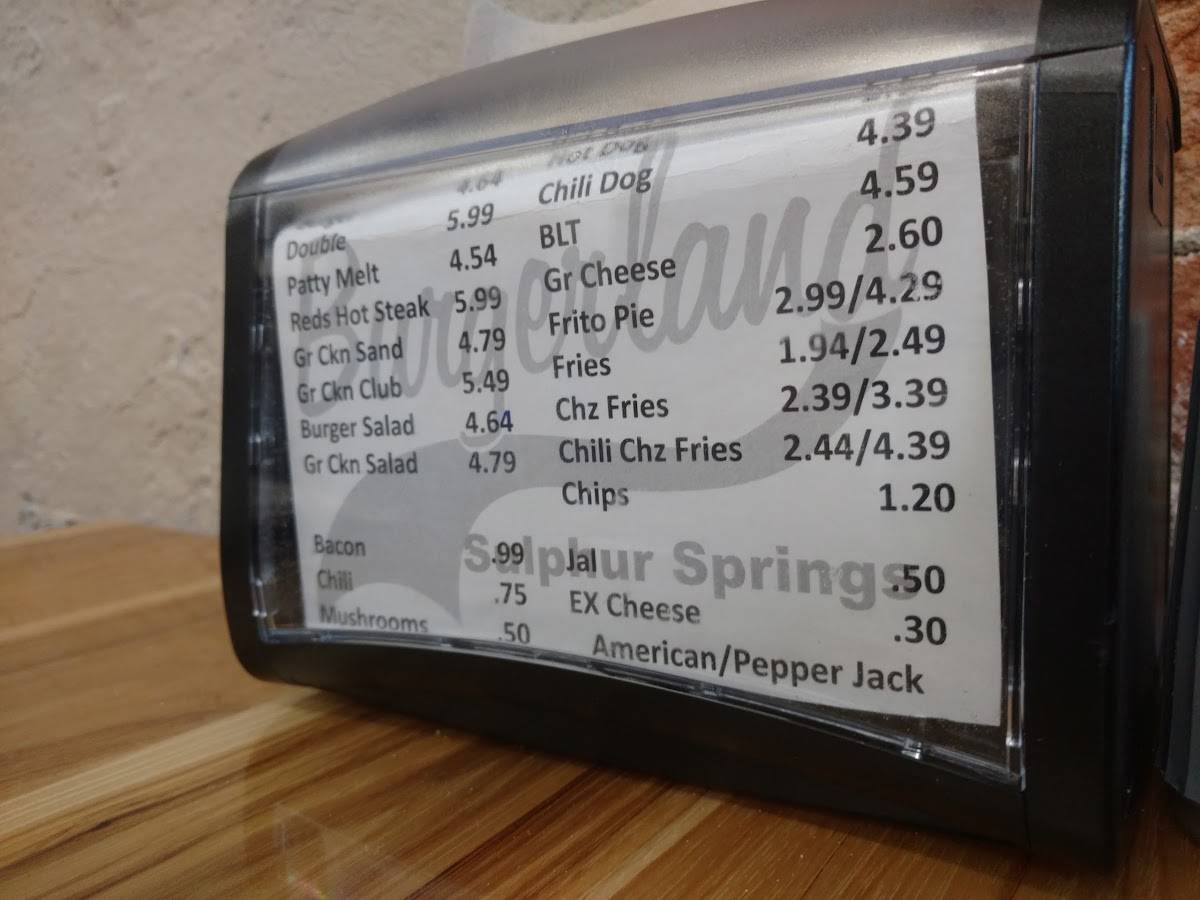 Menu at The Stadium at Burgerland restaurant, Sulphur Springs