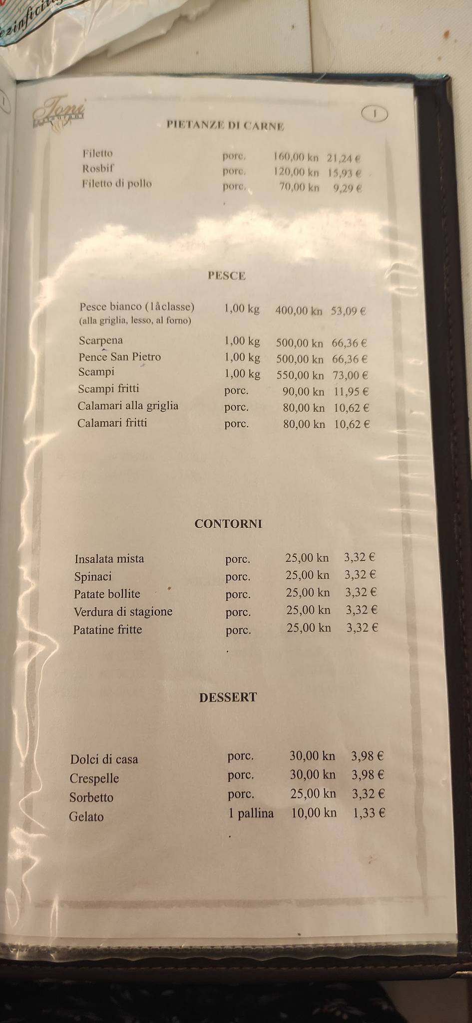 Menu at Restaurant Toni, Zambratija