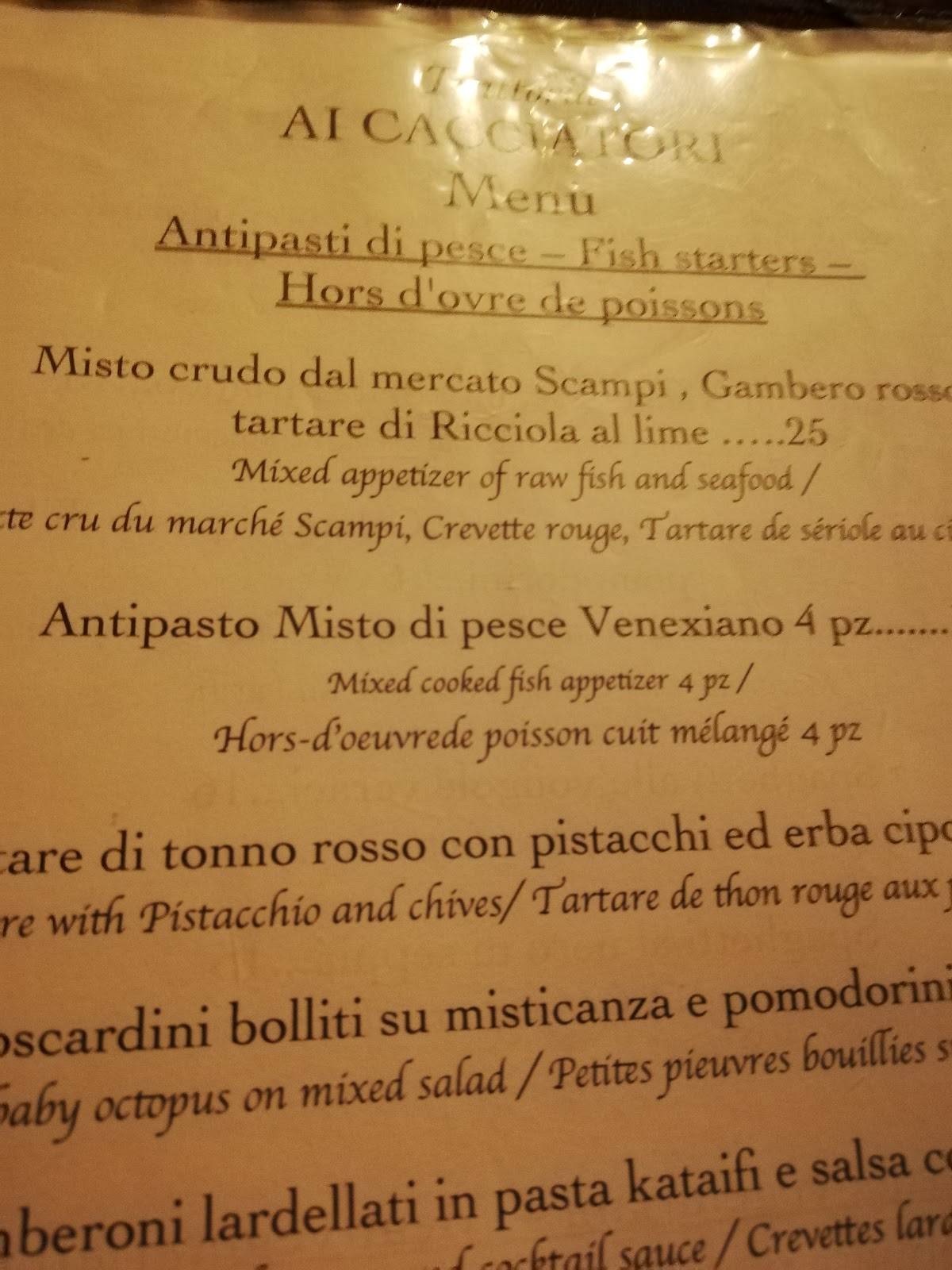 Menu at Trattoria Ai Cacciatori restaurant, Venice, Giudecca isola 320