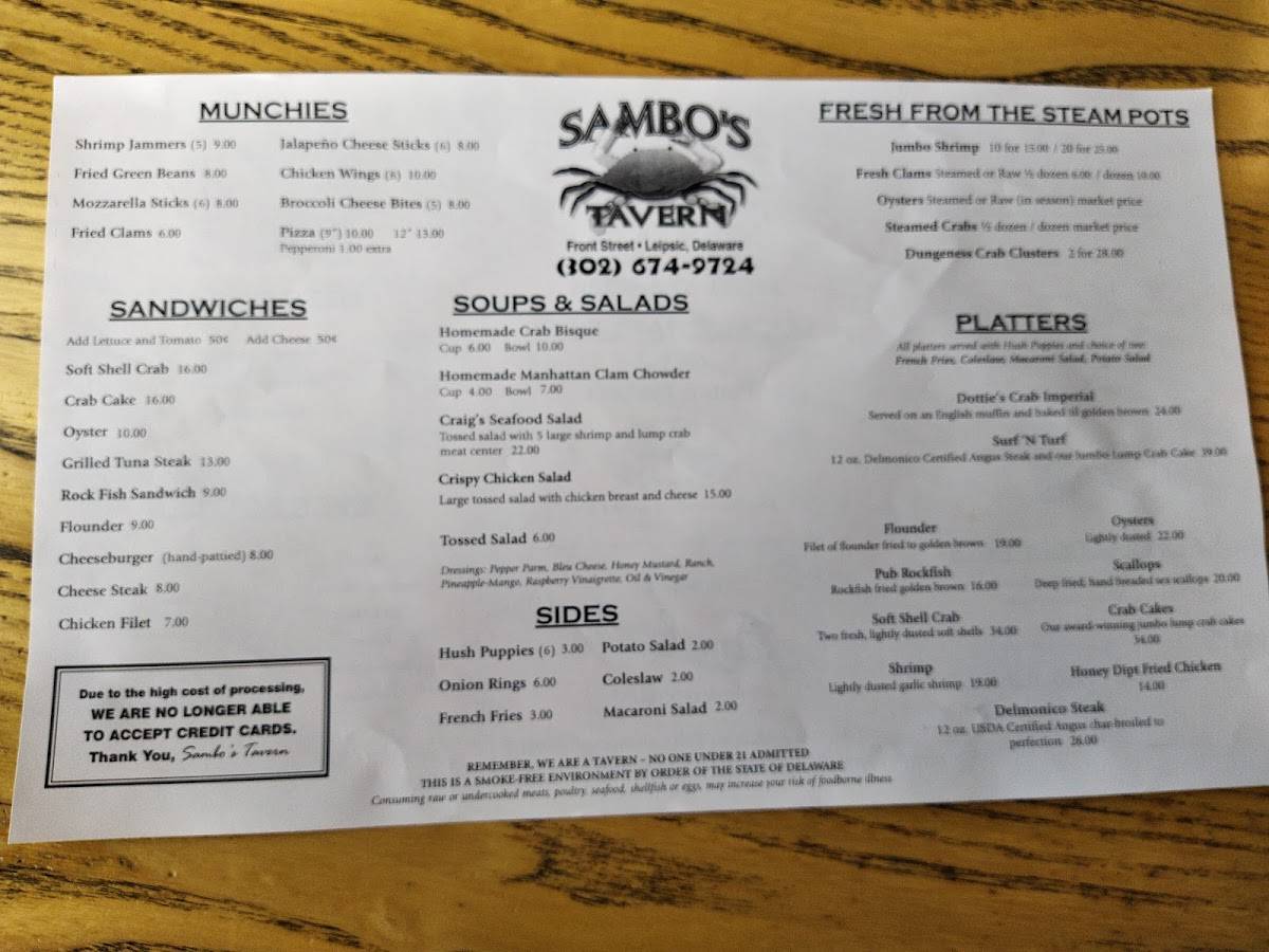 Menu at Sambo's Tavern pub & bar, Leipsic