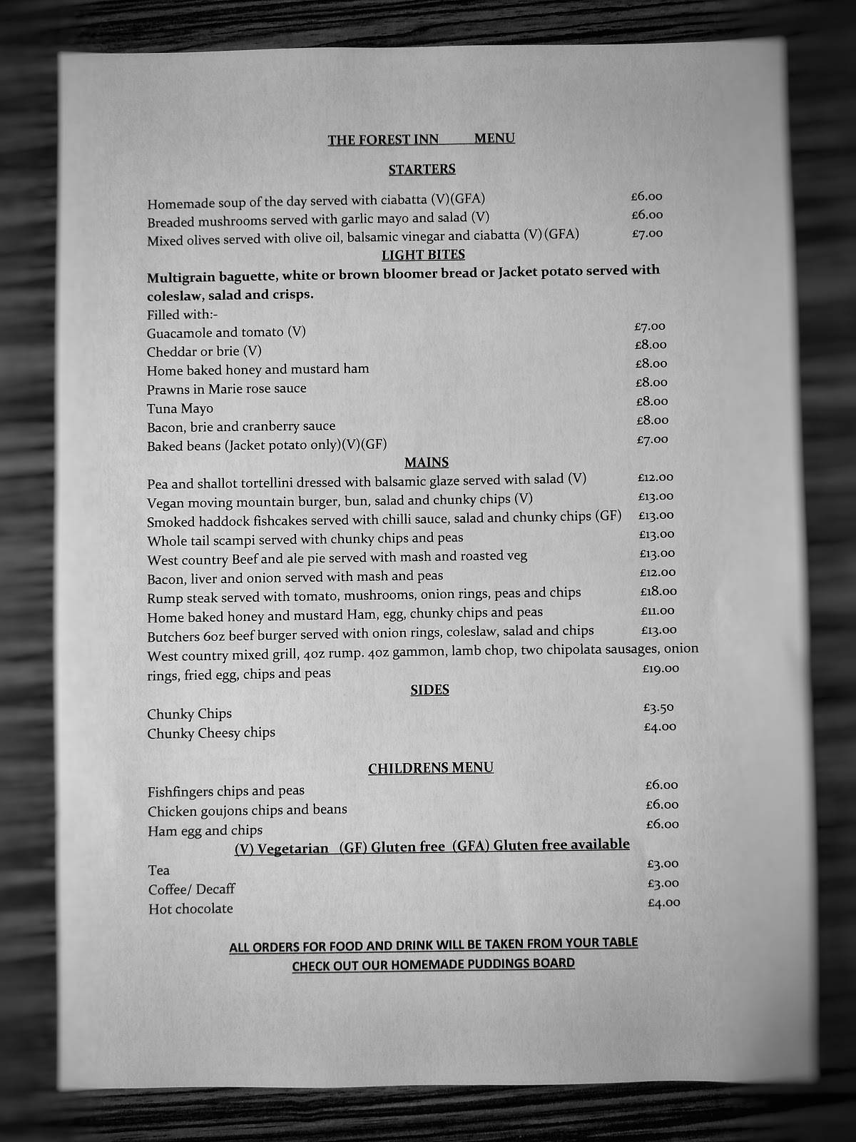 Menu at The Forest Inn pub & bar, Dartmoor Forest