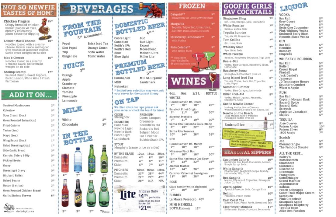 Menu at The Goofie Newfie pub & bar, Fergus