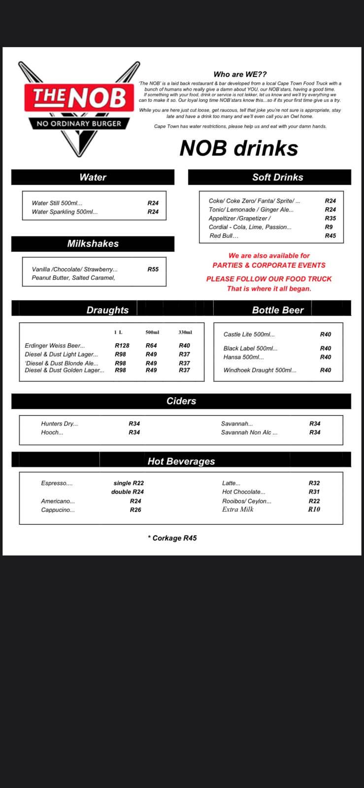 Menu at The NOB restaurant, South Africa