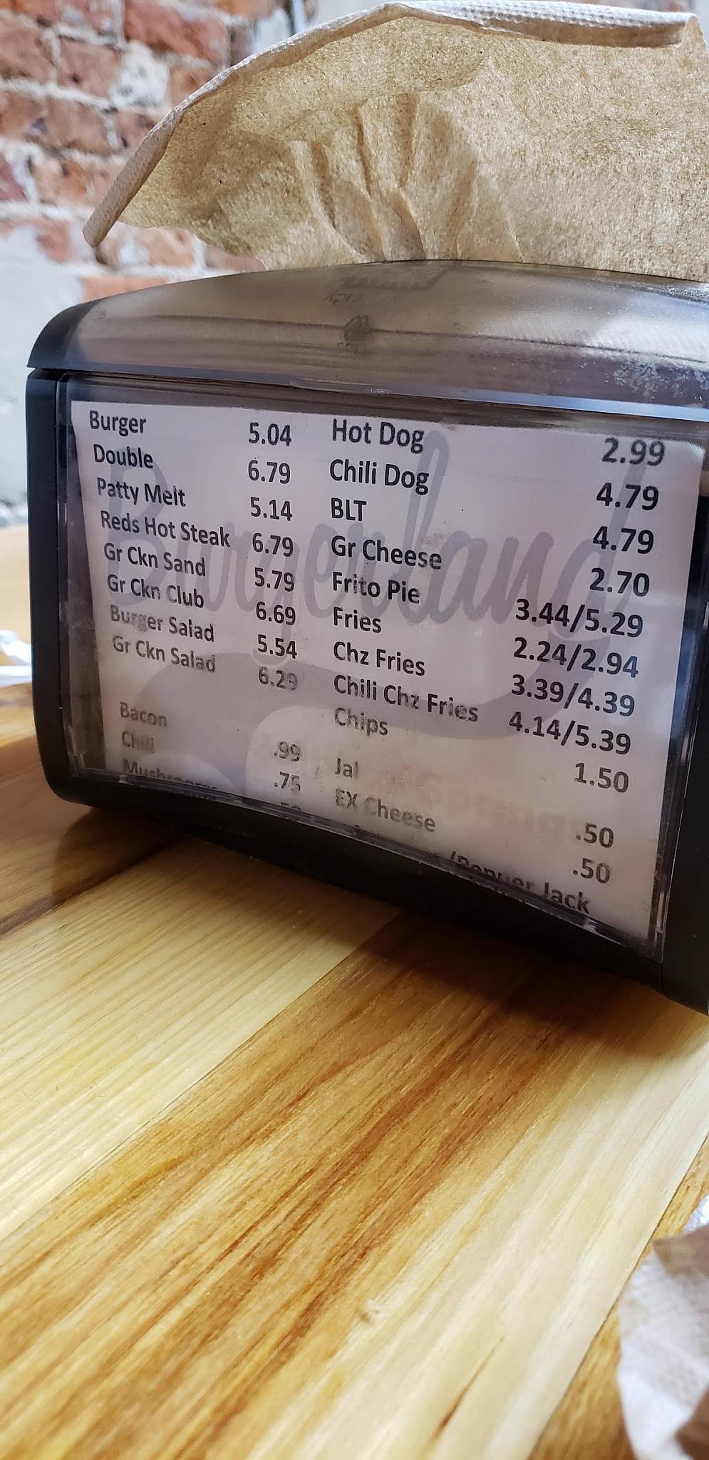 Menu at The Stadium at Burgerland restaurant, Sulphur Springs