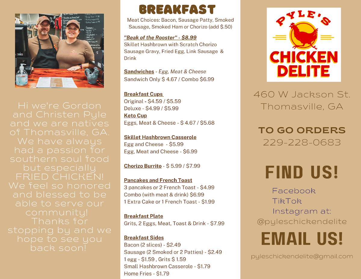 Menu at Pyle's Chicken Delite restaurant, Thomasville