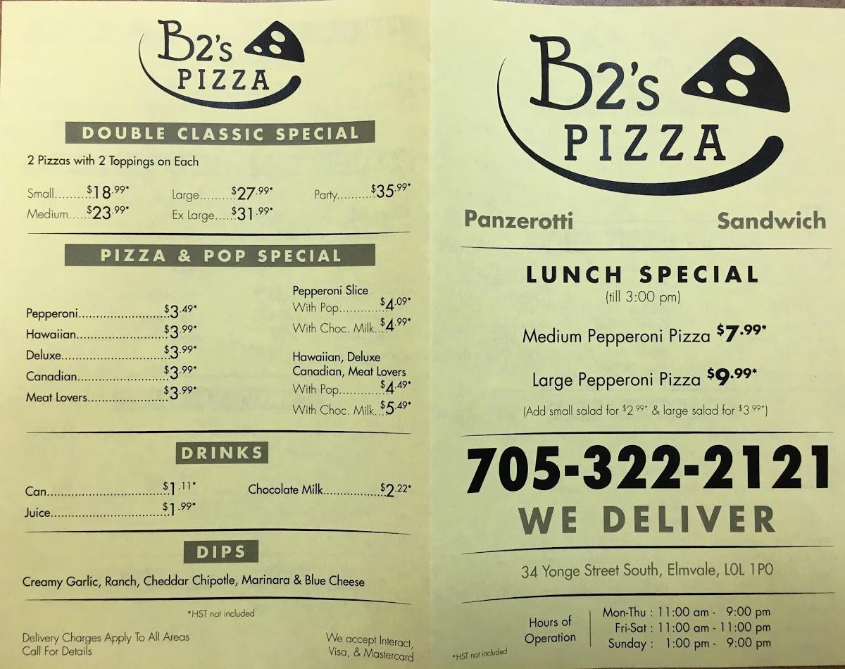 Menu at B2's Pizza restaurant, Elmvale