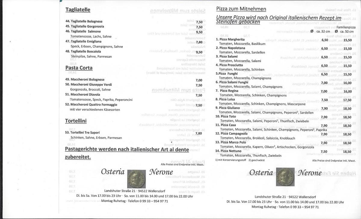 Speisekarte von Pizzeria Osteria Nerone, Wallersdorf