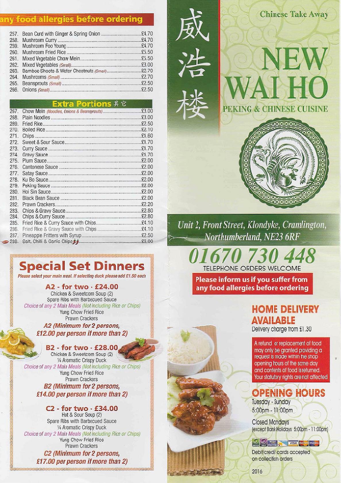Menu at New Wai Ho Chinese Takeaway restaurant, Cramlington