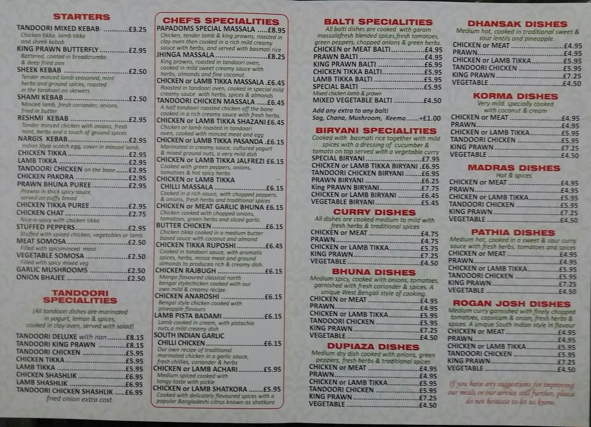 Menu at Papadoms fast food, Lutterworth