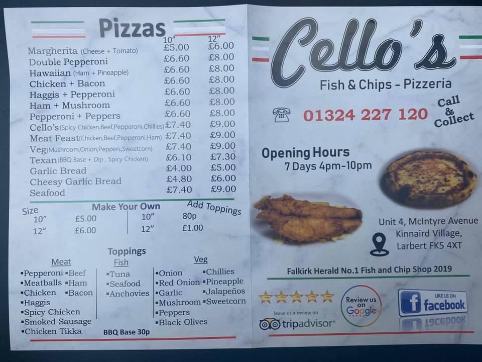 Menu at Cello's pizzeria, Larbert