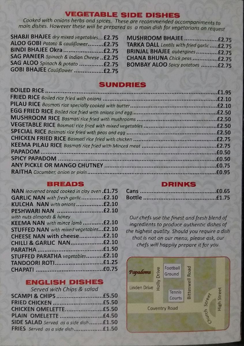 Menu at Papadoms fast food, Lutterworth
