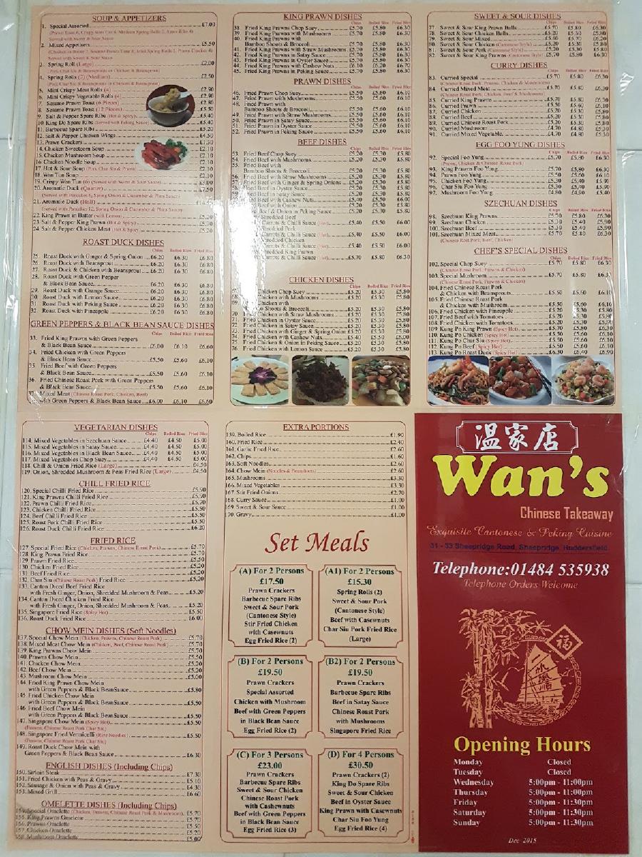 Menu at Wan's fast food, Huddersfield