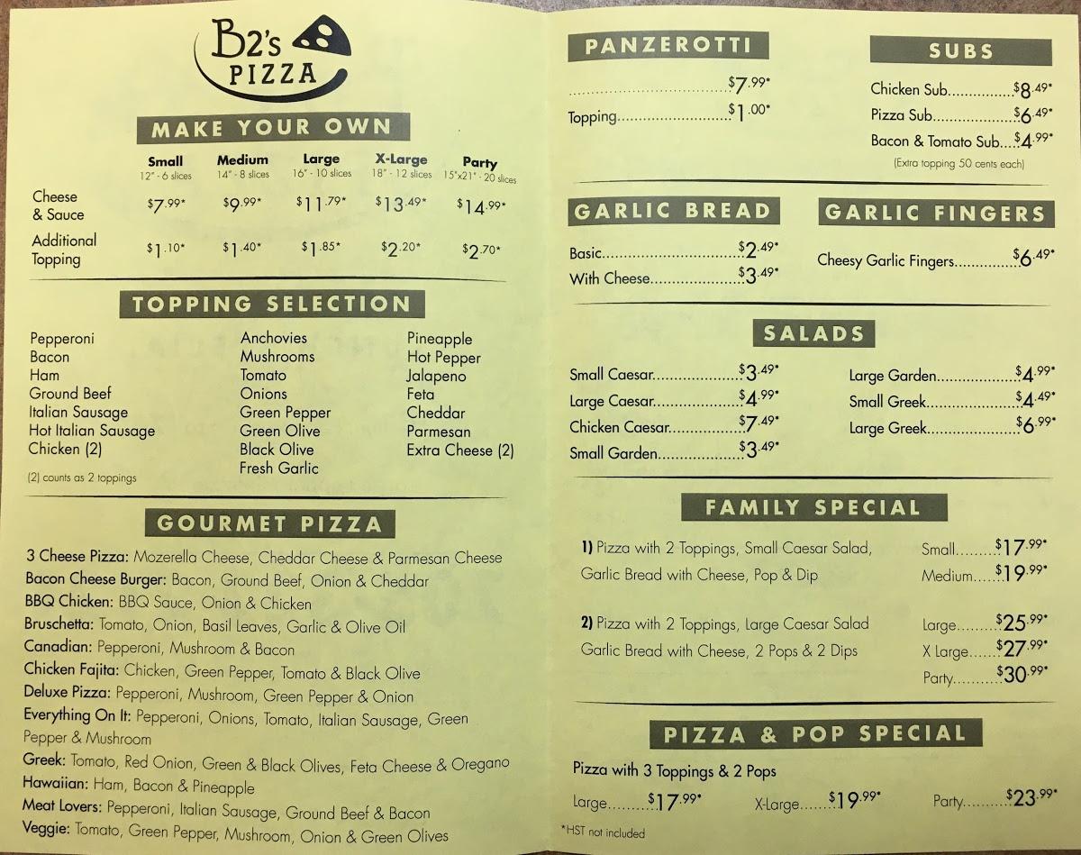 Menu at B2's Pizza restaurant, Elmvale